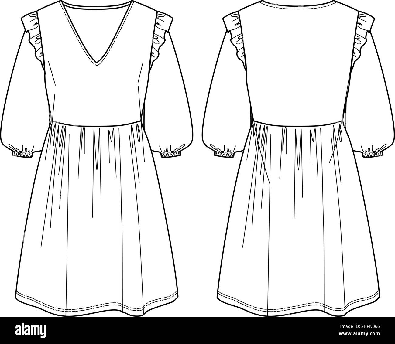 Vector long sleeved dress fashion CAD, template, flat. Balloon sleeved ...