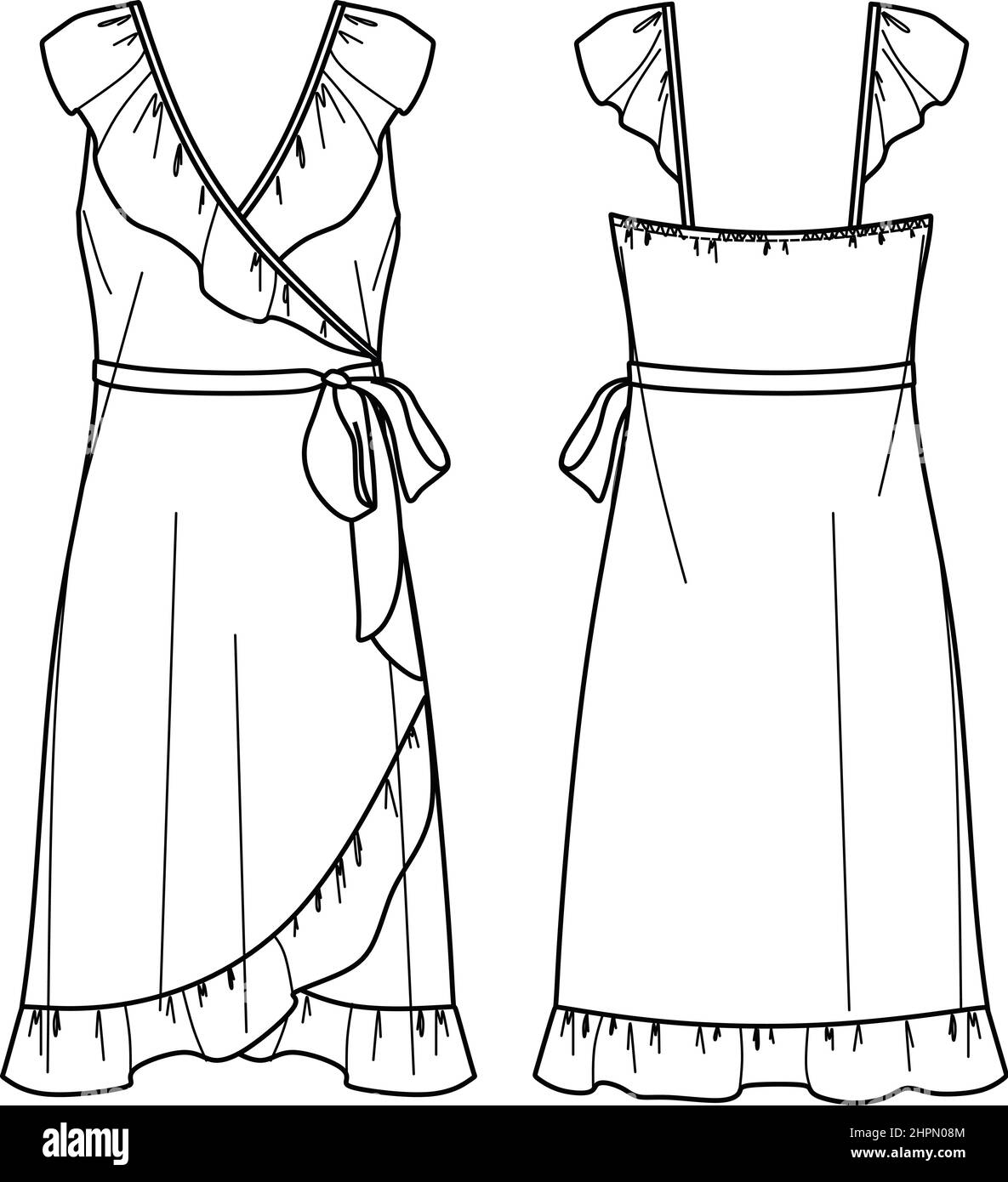 Vector summer midi dress fashion CAD, wrapped sleeveless woman dress ...