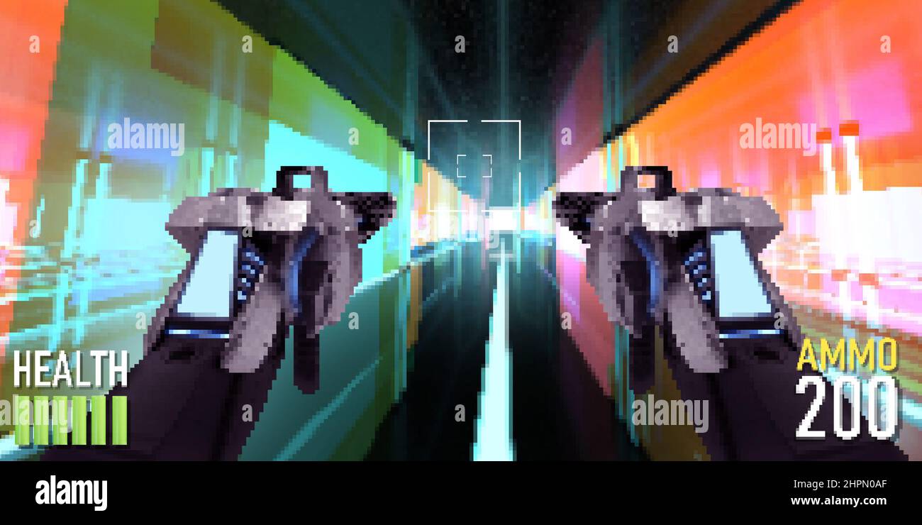 Pixel artwork illustration of first person view sci-fi futuristic 16 ...