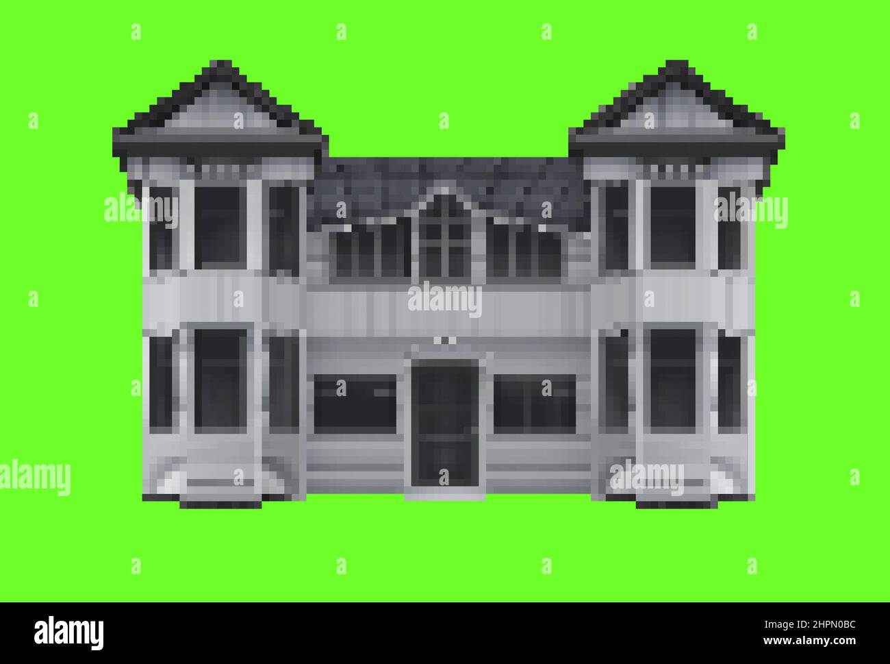 Pixel artwork illustration of gray colored house mansion on green ...
