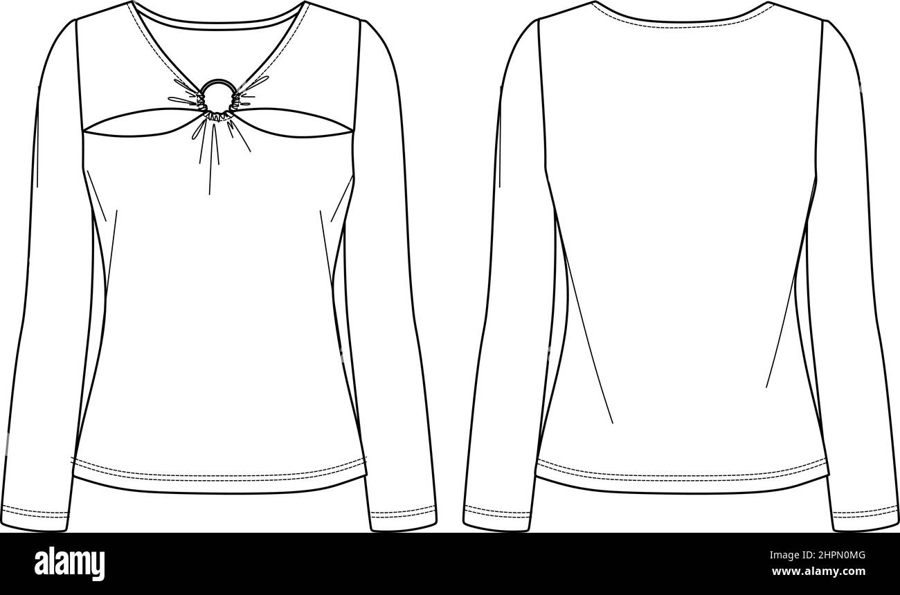 Vector woman t-shirt technical drawing, blouse with accessory and cut ...