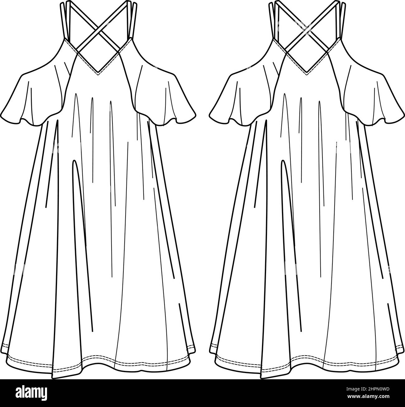 Vector woman summer dress fashion CAD, dress with shoulder straps ...