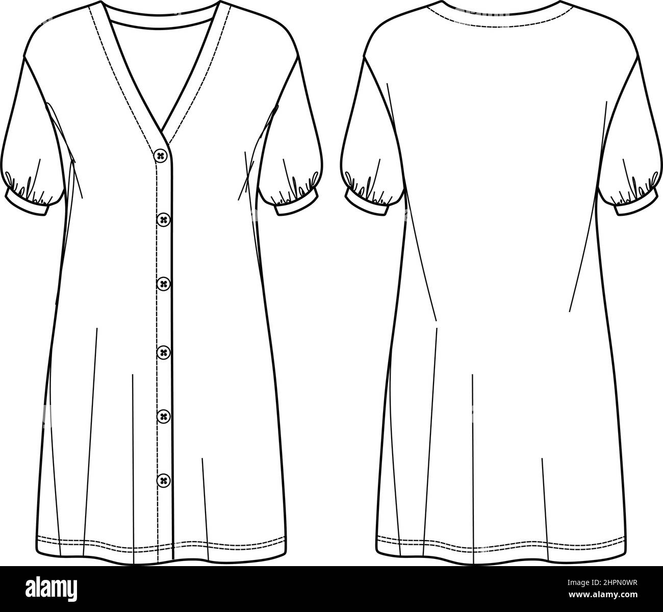 Vector v neck mini dress fashion CAD, woman short balloon sleeved dress ...