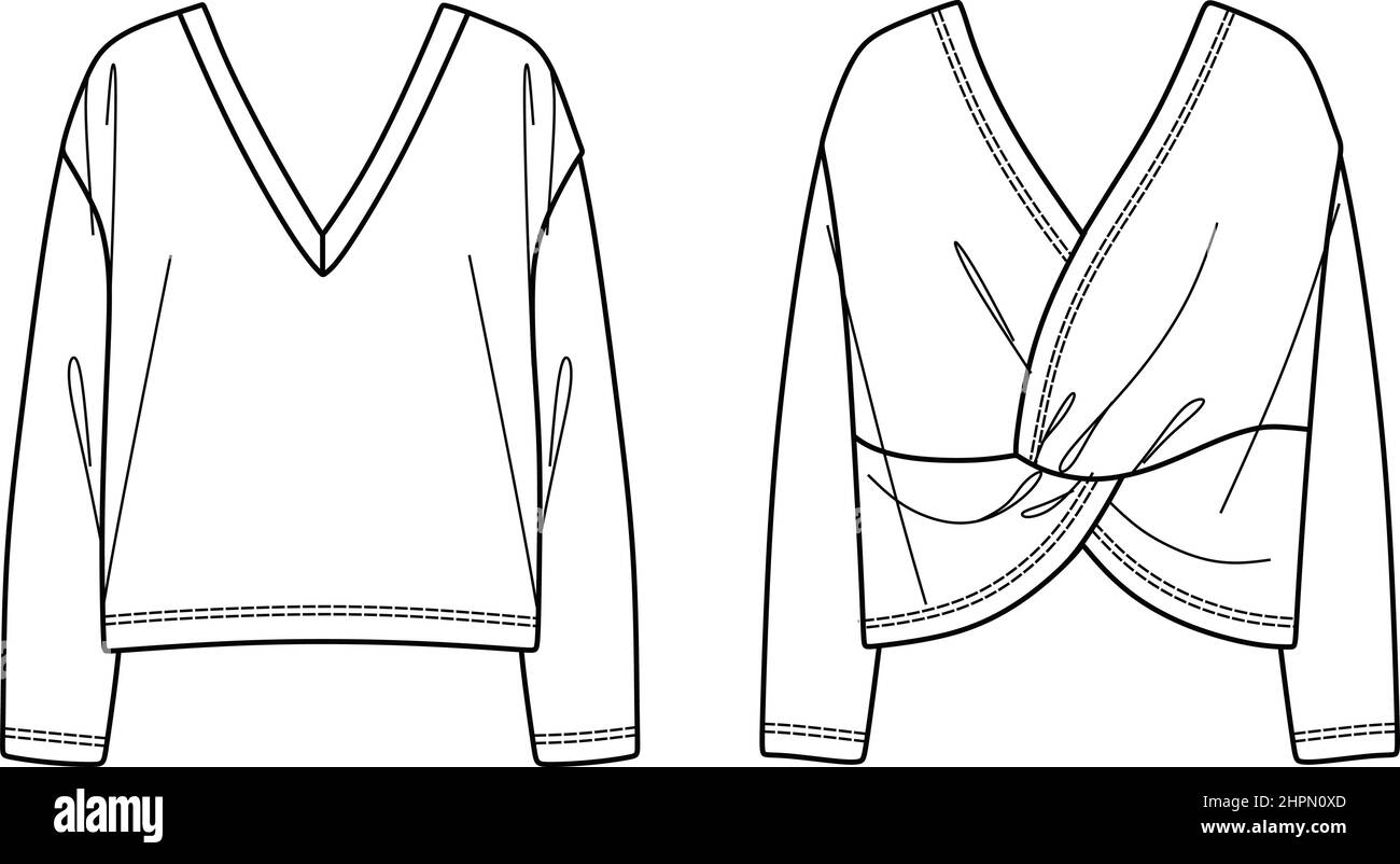 Vector long sleeved top fashion CAD, woman v neck sweater with back ...
