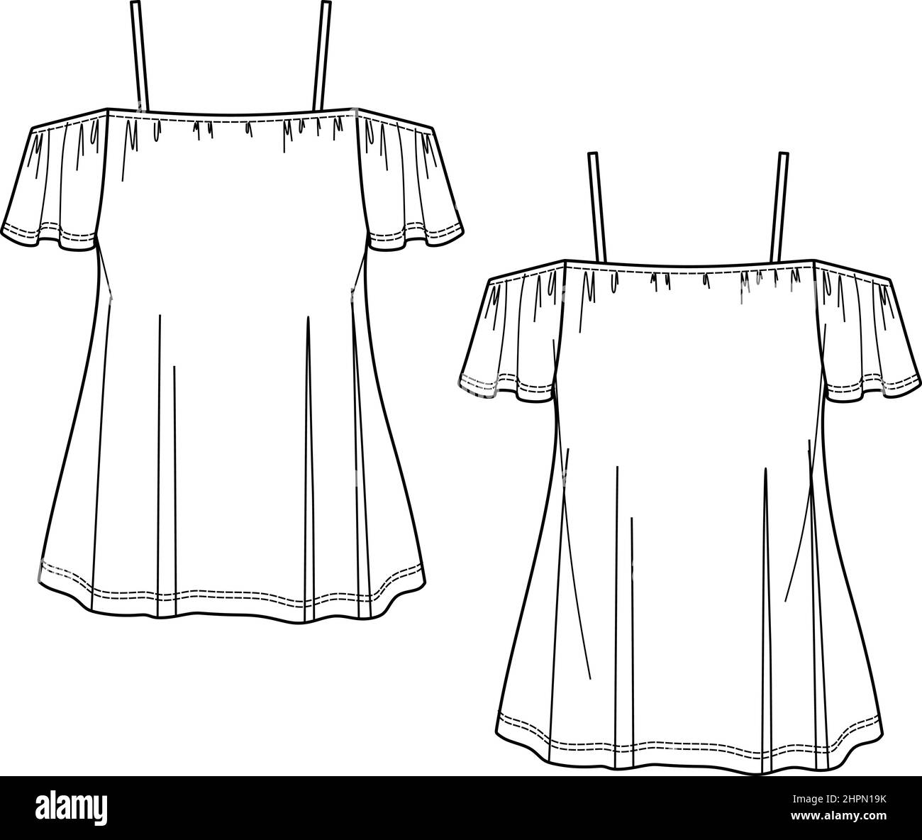 Vector opened shoulder blouse sketch, women top fashion CAD, tank top ...