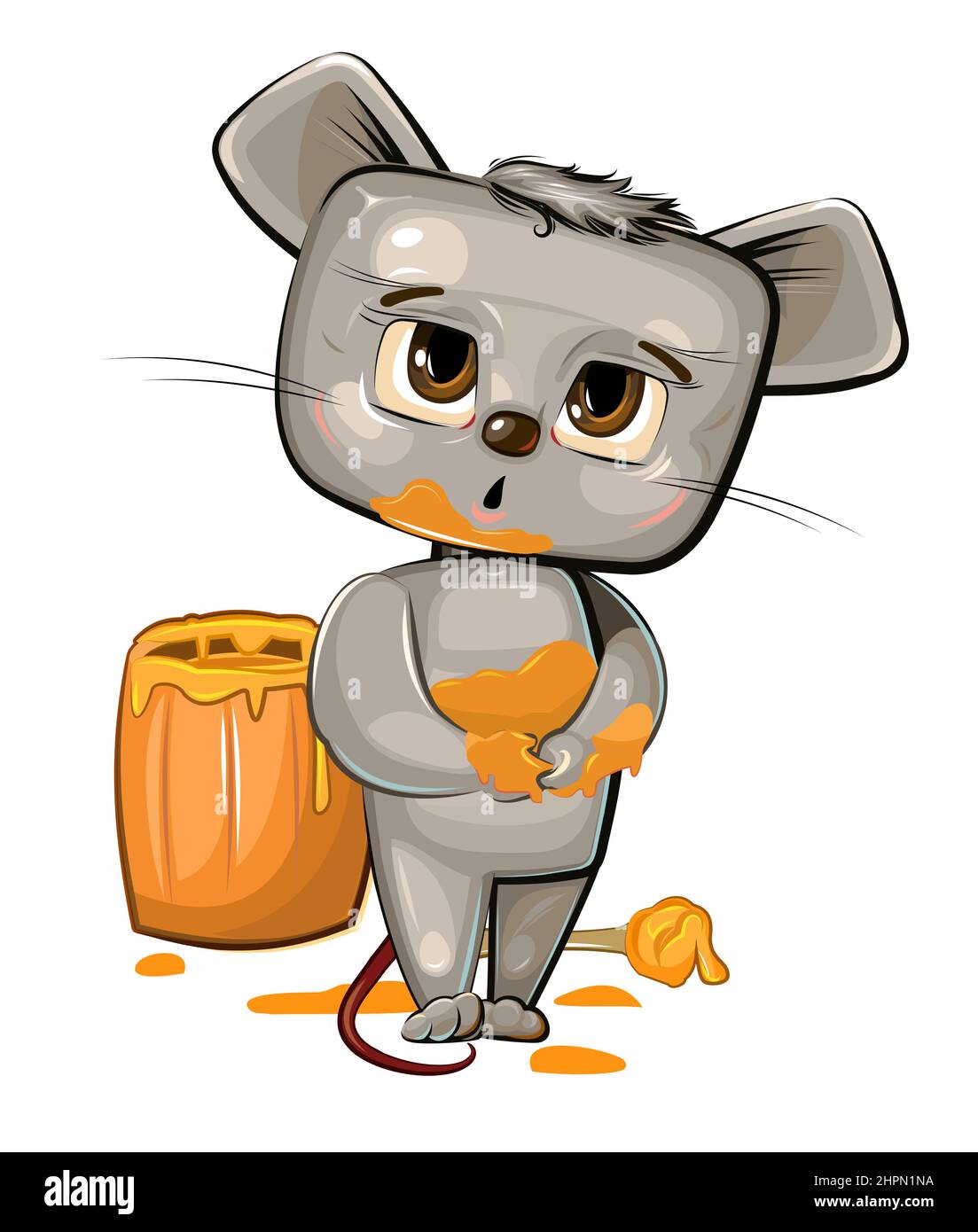 Cartoon Mouse sweet tooth got soiled with honey. Wooden cask. Naive ...
