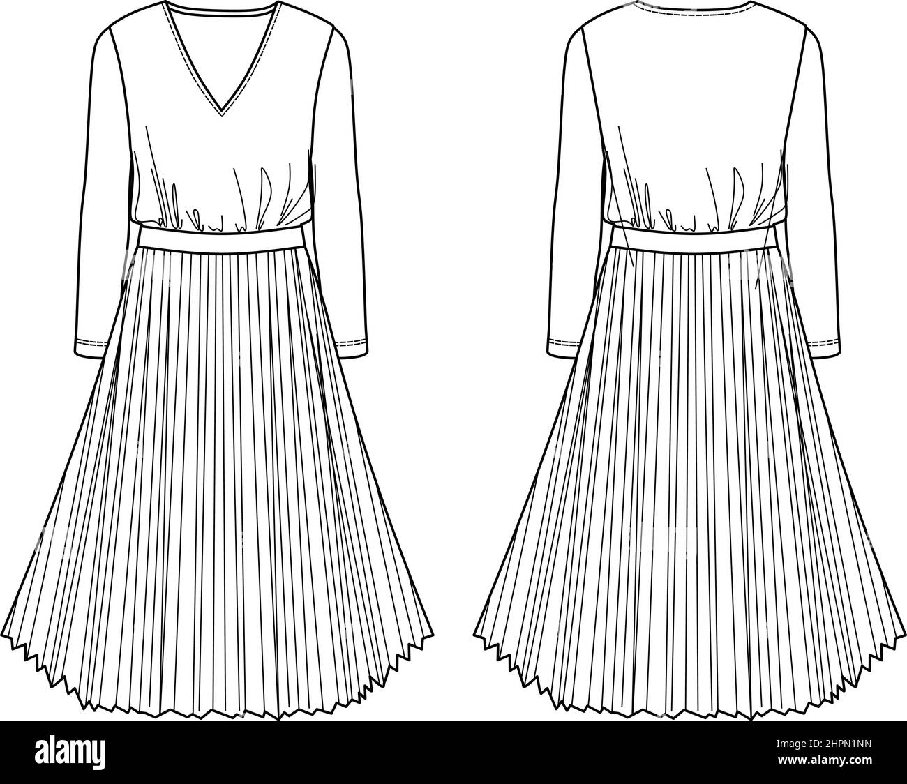 Vector plisse dress fashion sketch, v-neck dress fashion CAD Stock ...