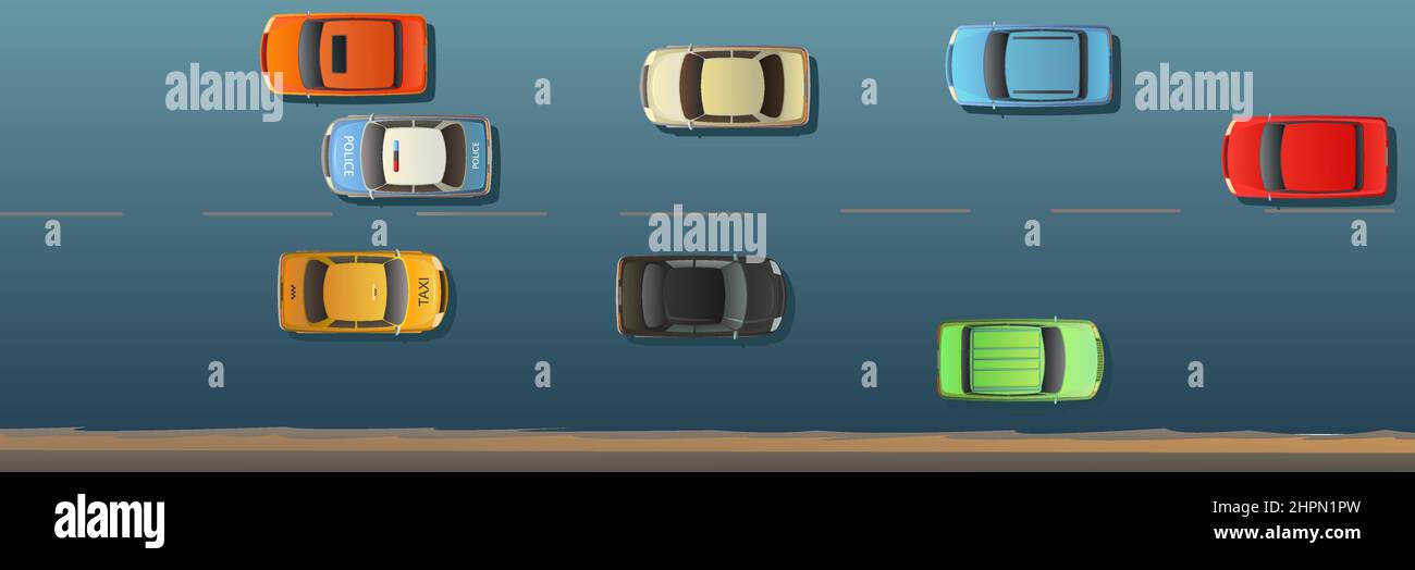 Road with car traffic. View from above. Modern cars. Cartoon cute style ...