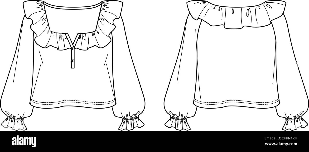 Vector long sleeved top with button details fashion CAD, woman cropped ...