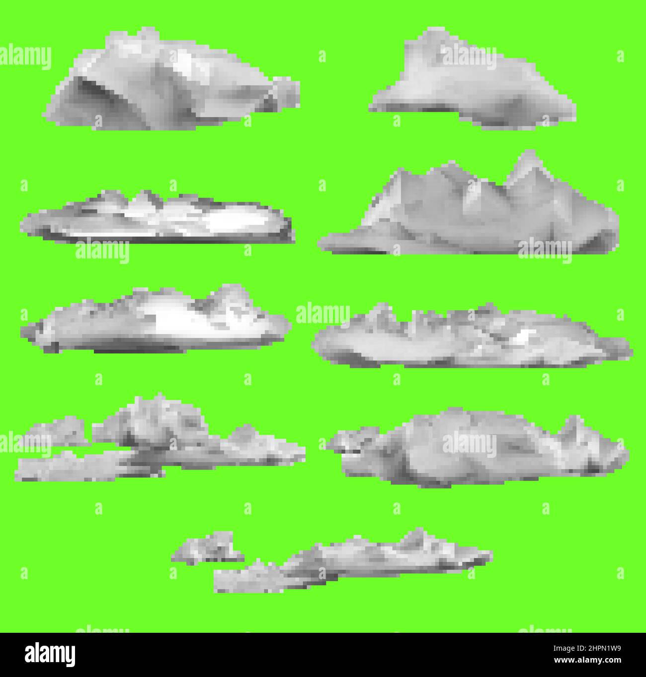 Pixel artwork illustration of gray colored clouds in various shapes on ...