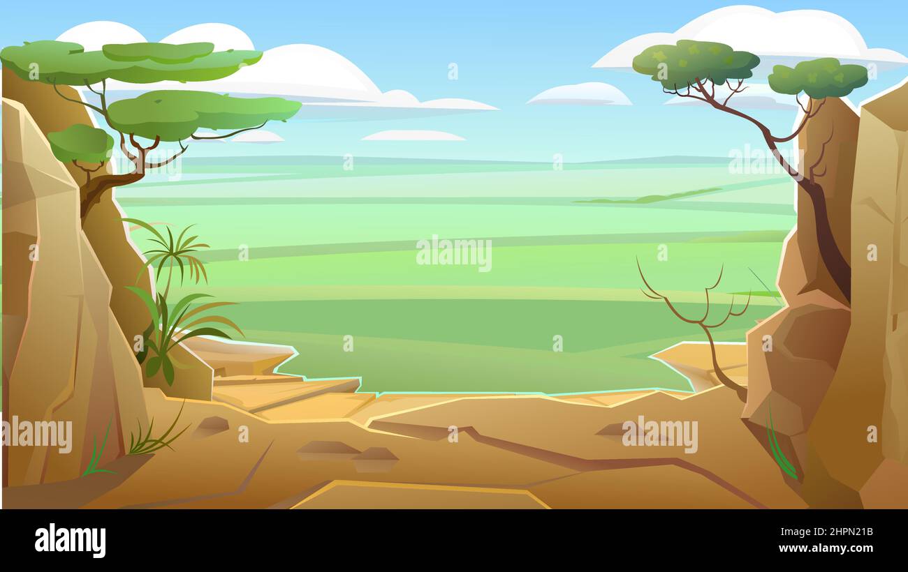 Wide plain. Fields and meadows in distance. Stone cliffs and stones of ...