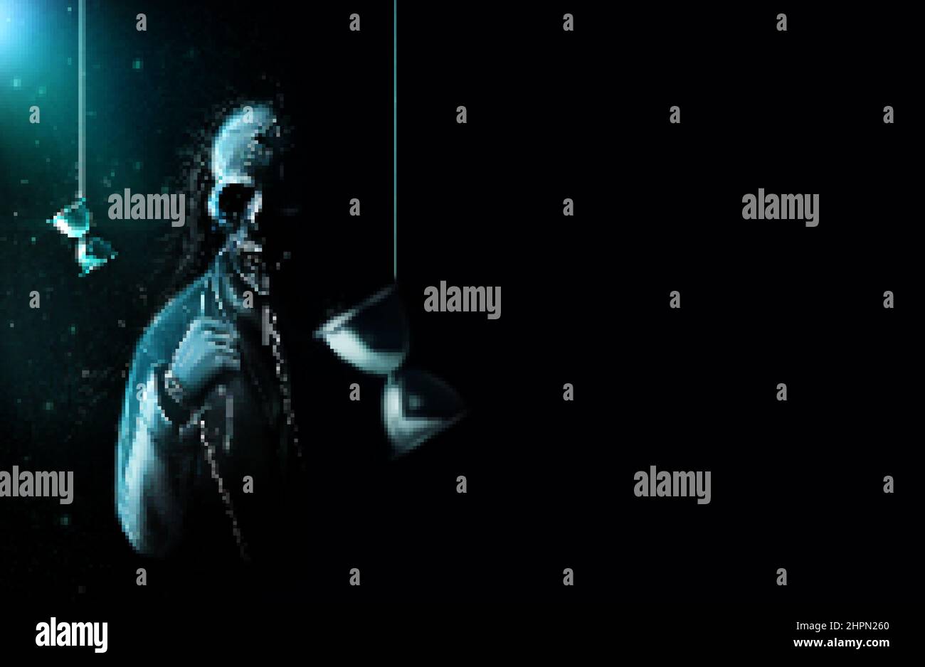 Pixel artwork illustration of horror scary skeleton man chained under ...