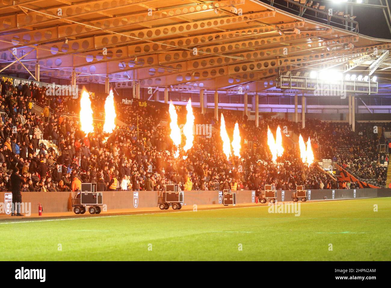 Pyrotechnics light up the East Stand at the MKM Stadium Stock Photo - Alamy