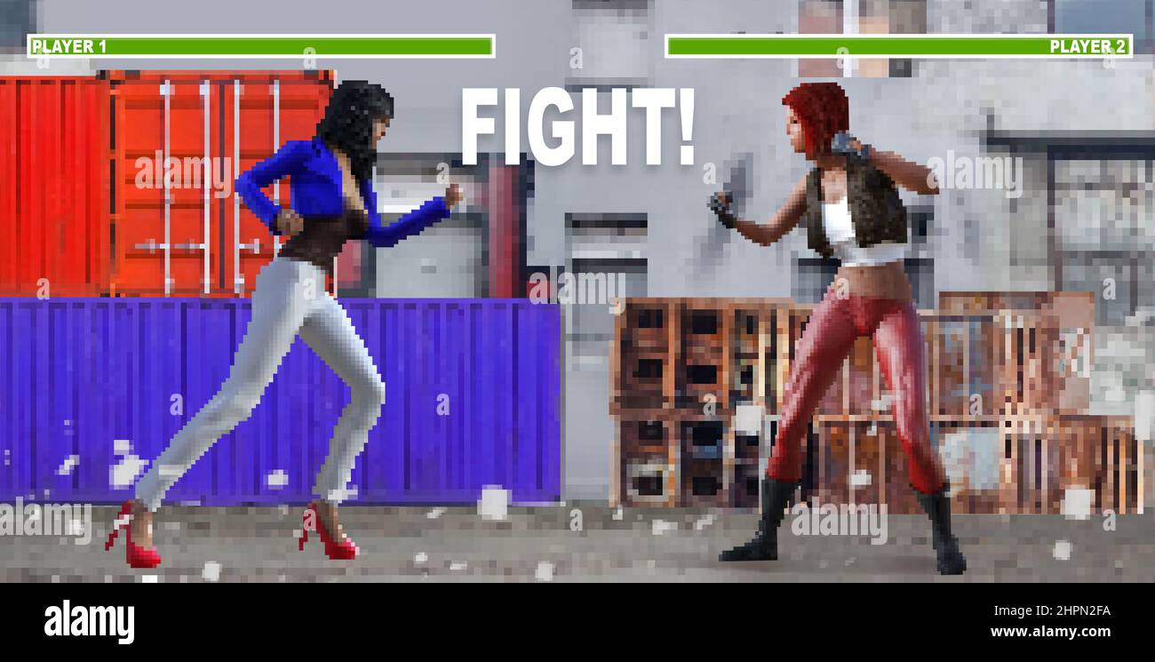 Pixel artwork illustration of fighting 16 bit 2d game with female ...