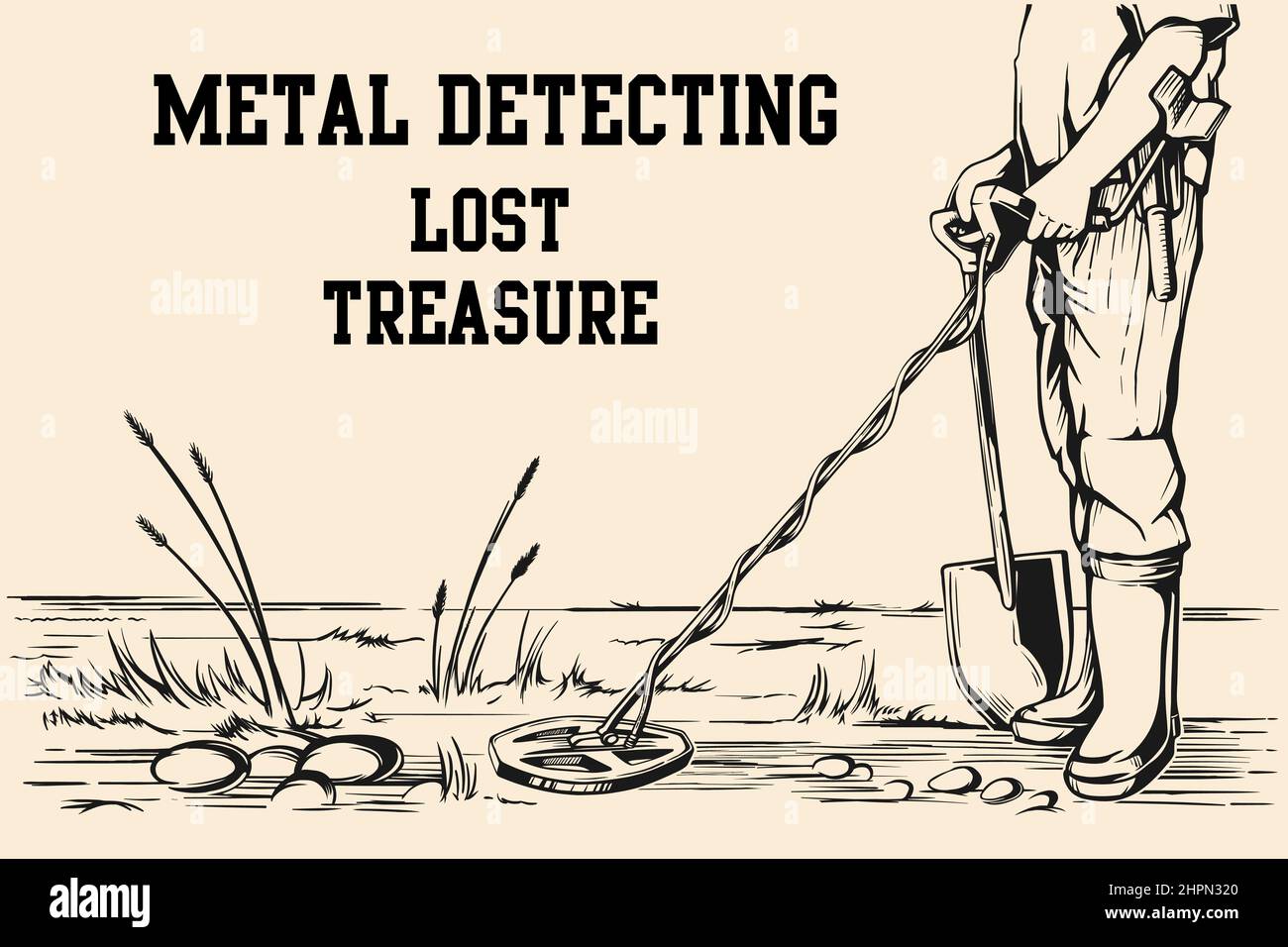 Vector sketch illustration on beige background metal detectors, hobby ...