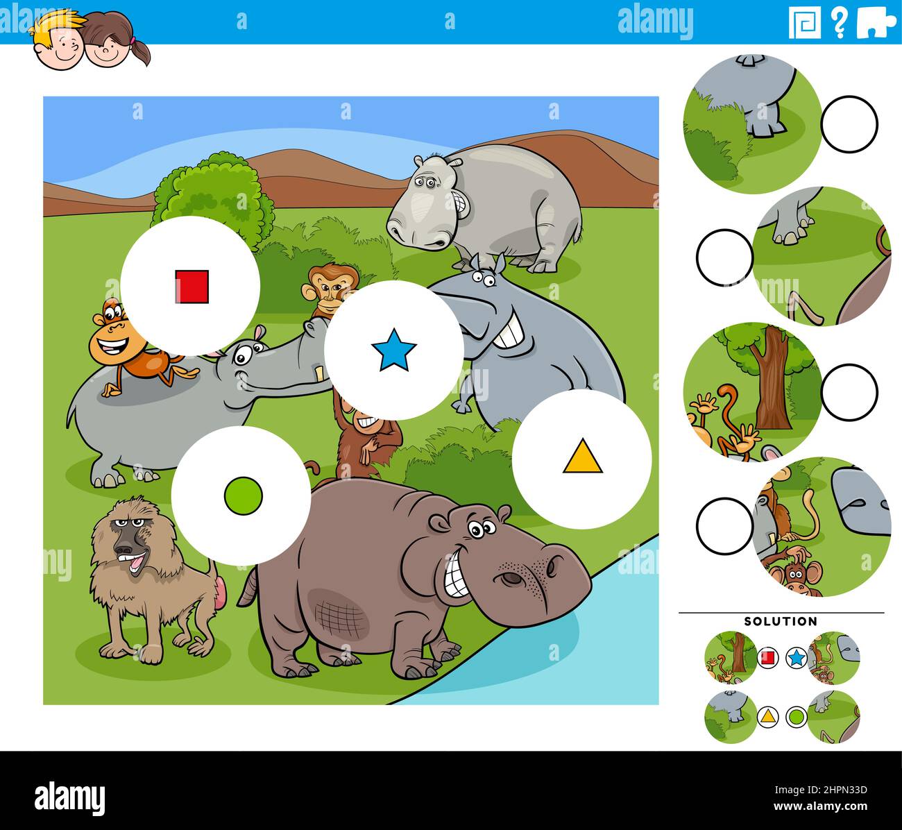 Cartoon illustration of educational match the pieces jigsaw puzzle game ...