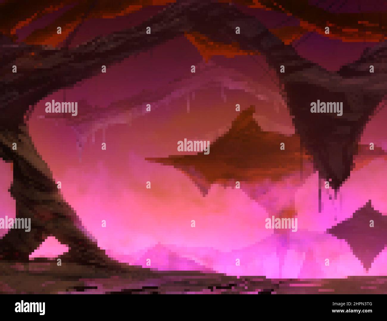 Pixel artwork illustration of fantasy hell underworld or cave level ...