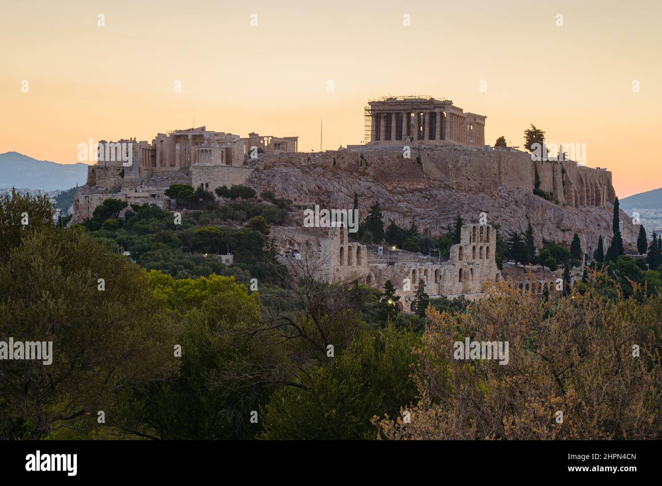Acropolis, Odeon Amphitheatre, Pantheon at Dawn, Athens, Greece Stock ...