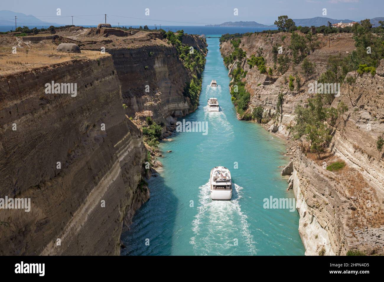 Beautiful scenery of the Corinth Canal in a bright sunny day against a ...