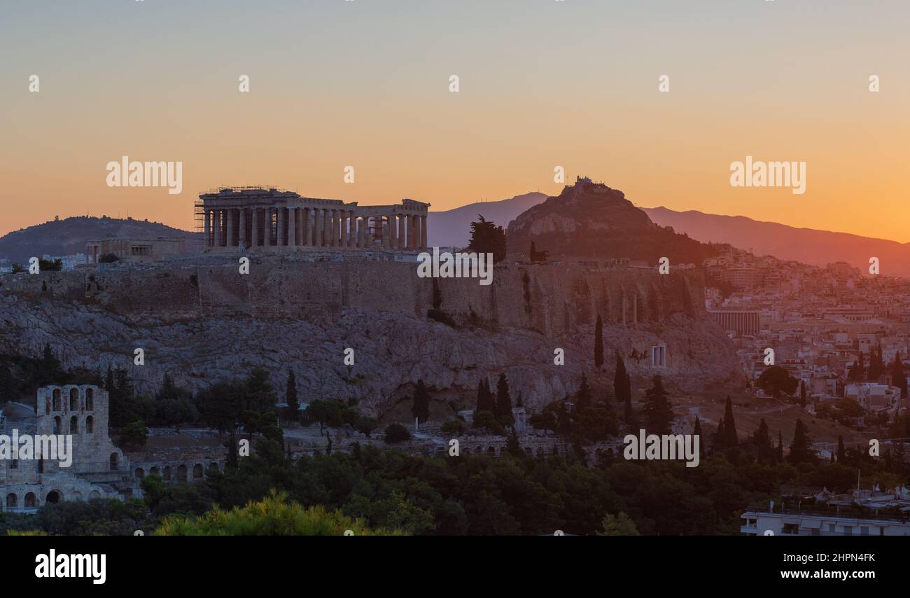 View of Acropolis at sunrise from Plaka rooftop, Athens, Greece Stock Photo - Alamy