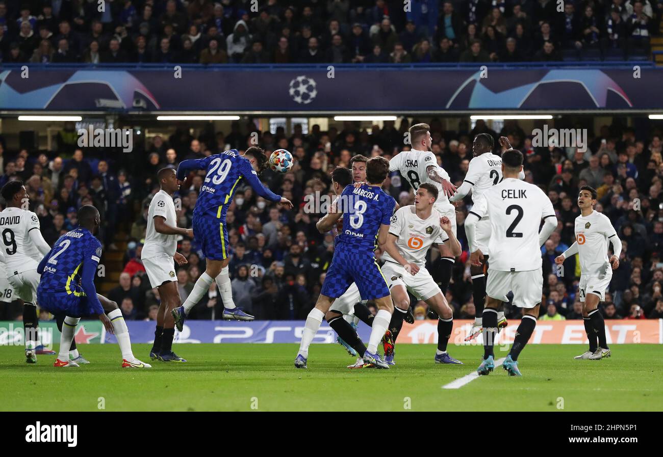London, England, 22nd February 2022. Kai Havertz of Chelsea heads the ...