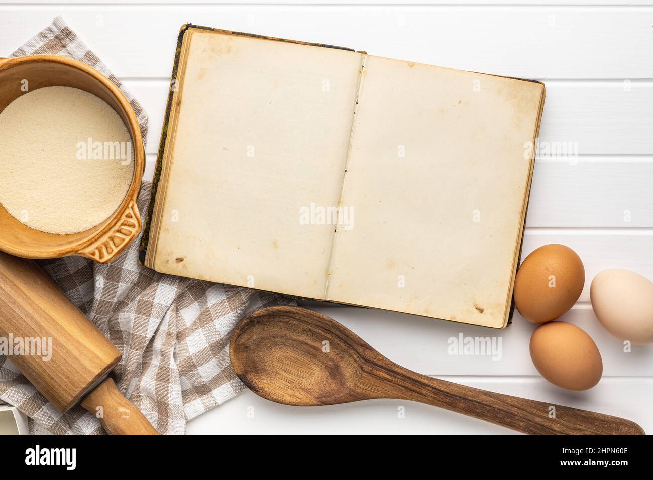 Open blank cookbook. Antique recipe book on white table. Top view Stock ...
