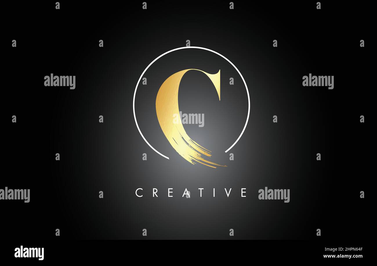 Golden C Brush Stroke Letter Logo Design. Black Paint Logo Leters Icon ...