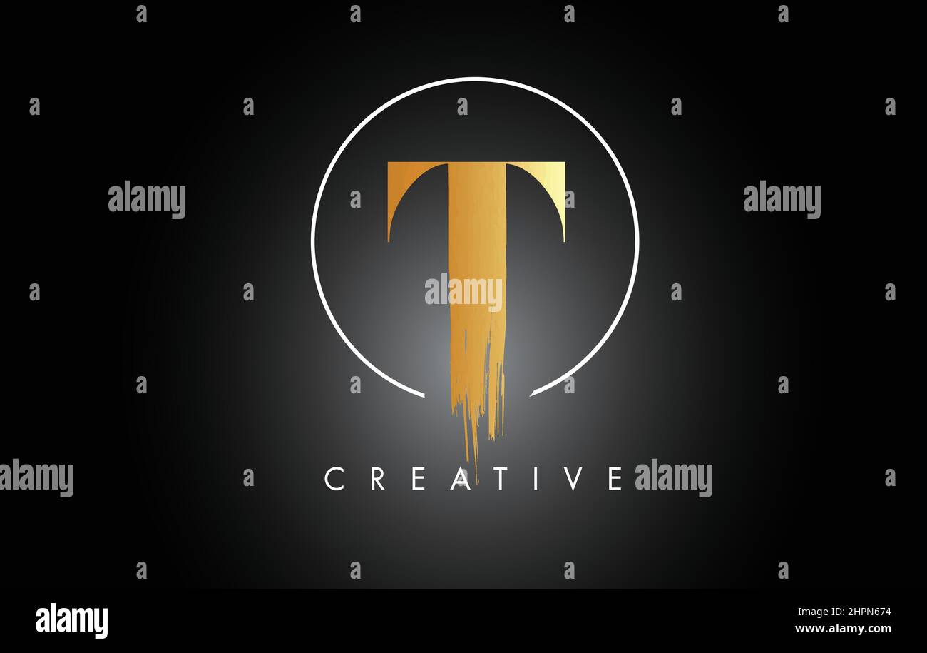 Golden T Brush Stroke Letter Logo Design. Black Paint Logo Leters Icon ...