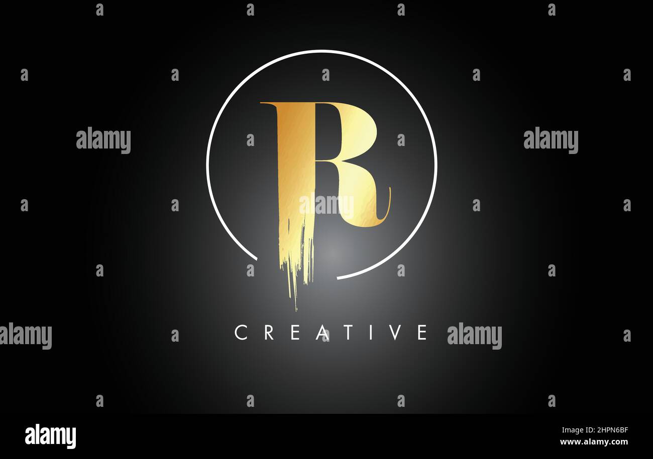 Golden R Brush Stroke Letter Logo Design. Black Paint Logo Leters Icon ...