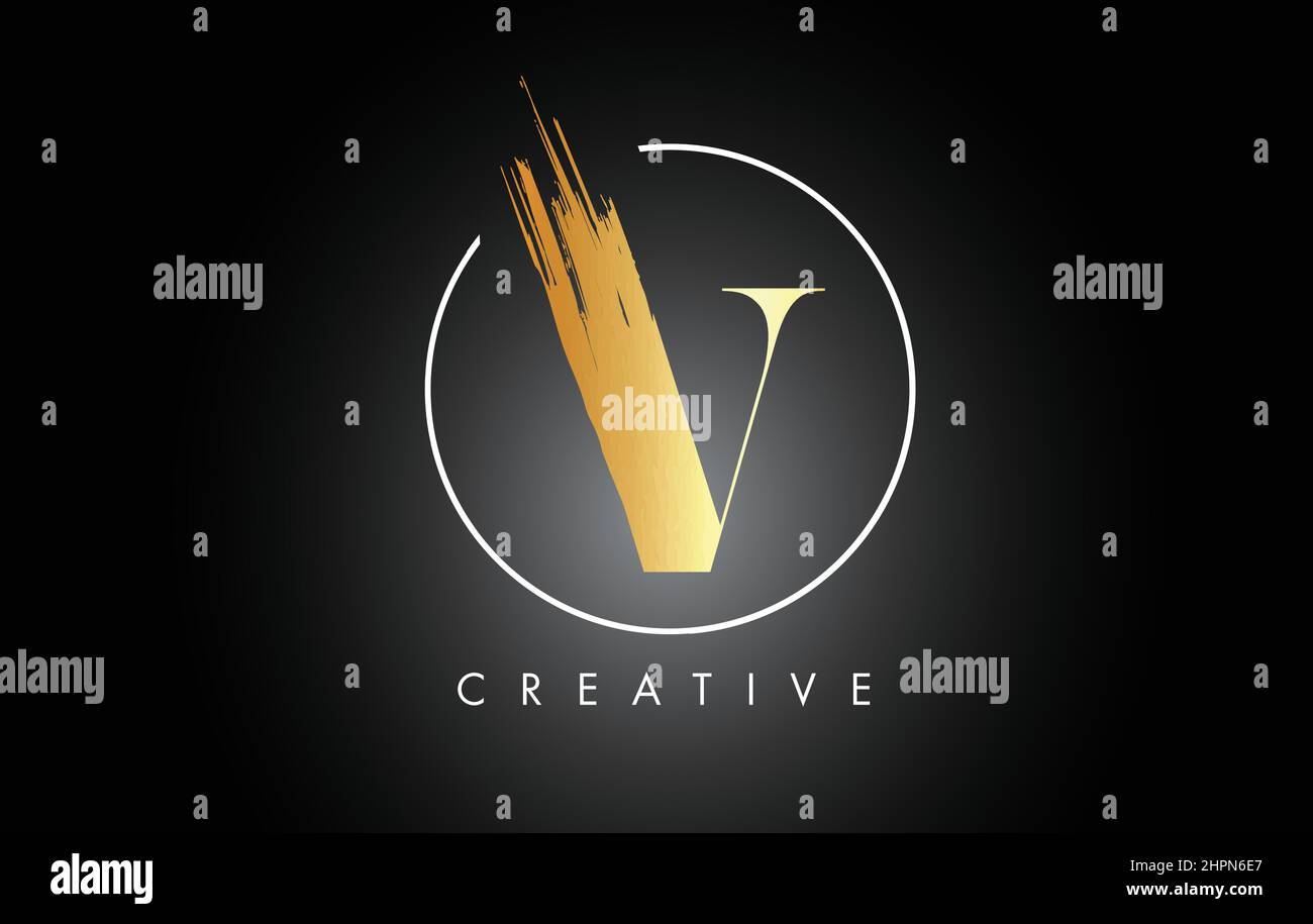 Golden V Brush Stroke Letter Logo Design. Black Paint Logo Leters Icon ...