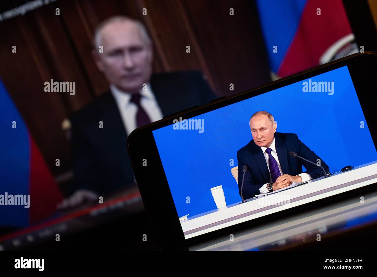 Vladimir Putin on the news. President of Russian speech on TV. Russia ...