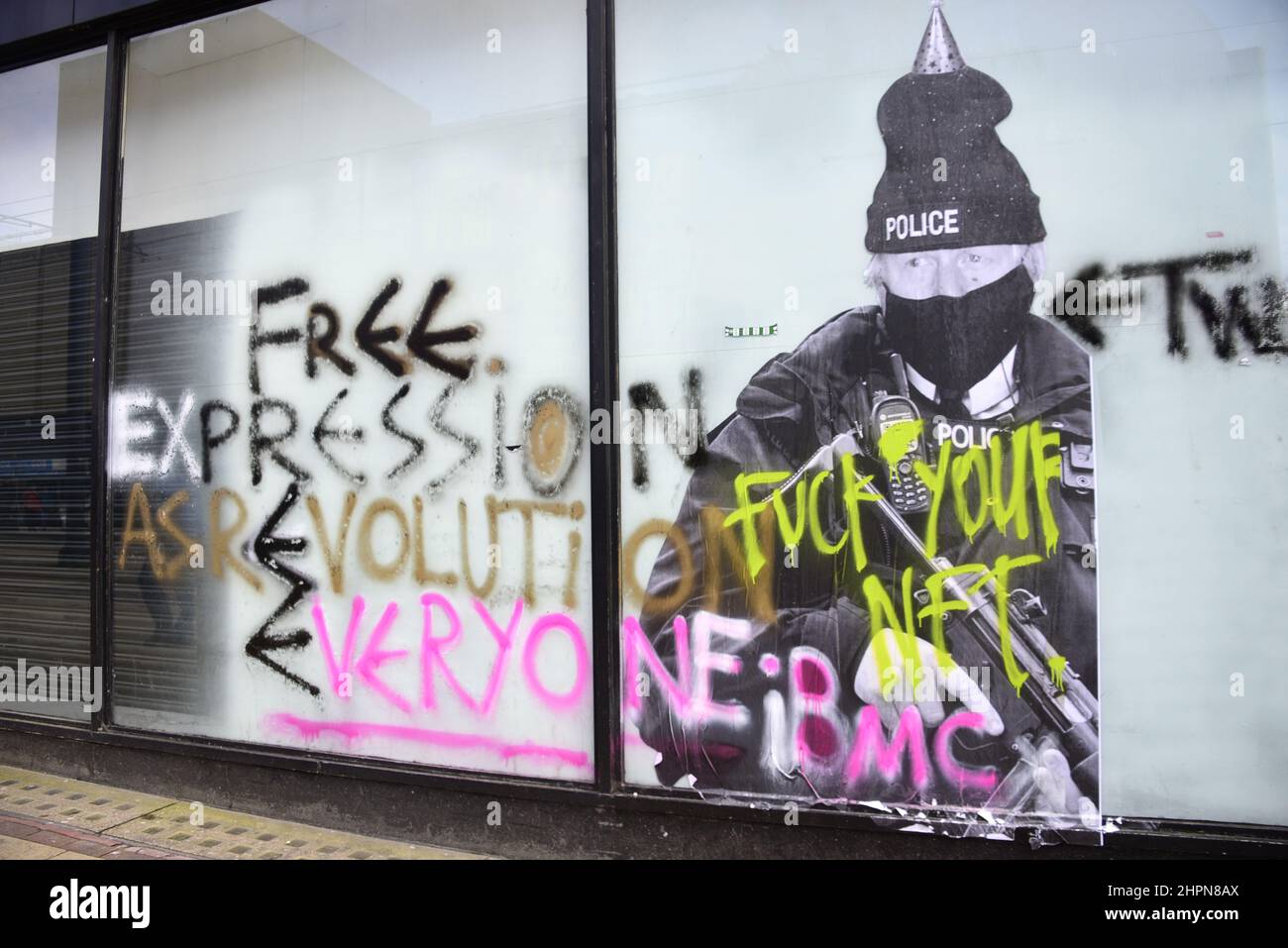 Humorous mural featuring UK Prime Minister Boris Johnson in central ...