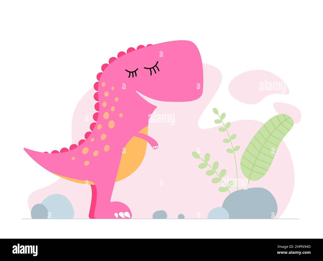 Cute pink dino. Kind smiling baby dinosaur tyrannosaurus. Cartoon baby ...