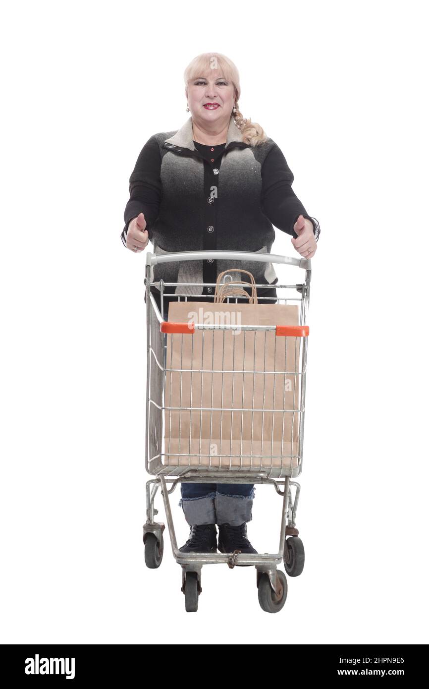 full-length. casual woman in jeans with shopping cart Stock Photo - Alamy