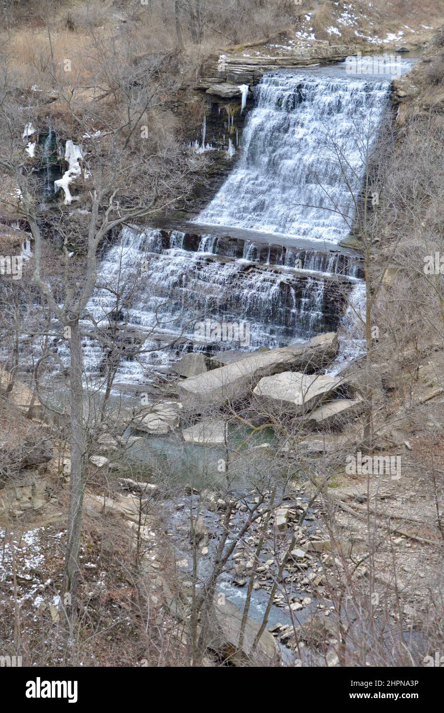 Albion Falls and river valley viewed from scenic lookout during Winter ...