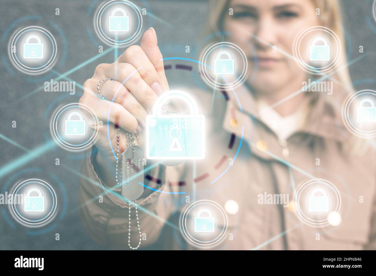 Soldier pressing text data integration button on a virtual interface ...