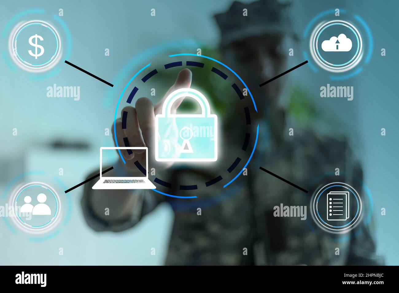 Soldier pressing text data integration button on a virtual interface ...