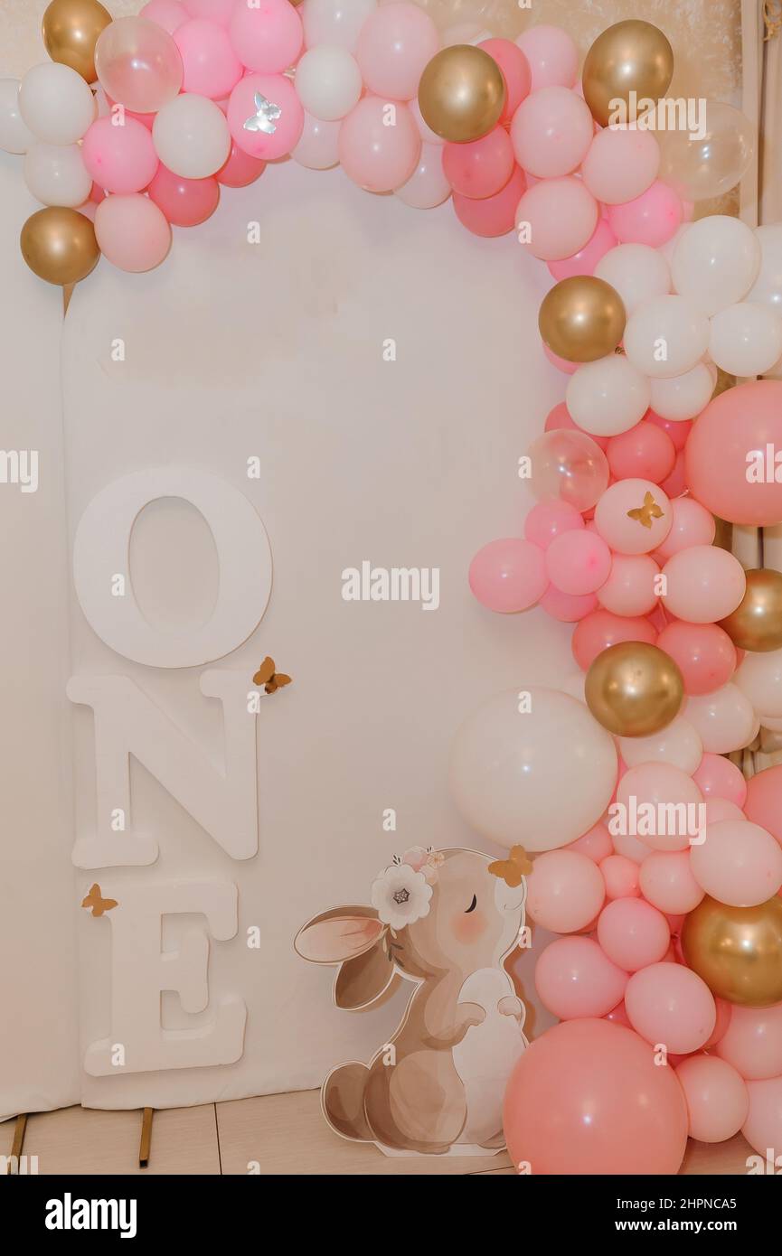 Wedding arch made of colorful inflatable balloons. Celebration of a ...