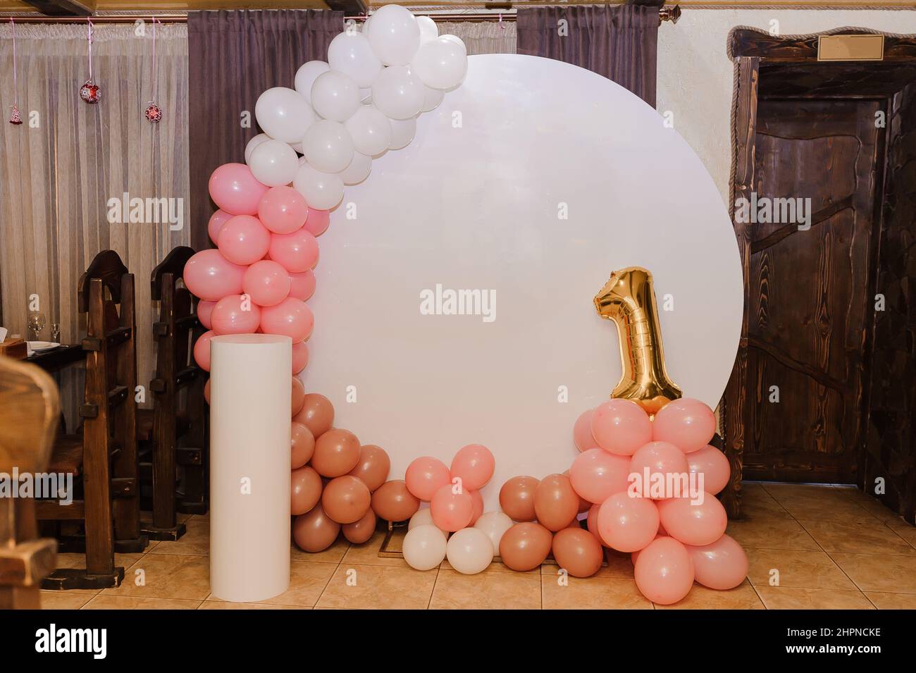 Wedding arch made of colorful inflatable balloons. Celebration of a ...