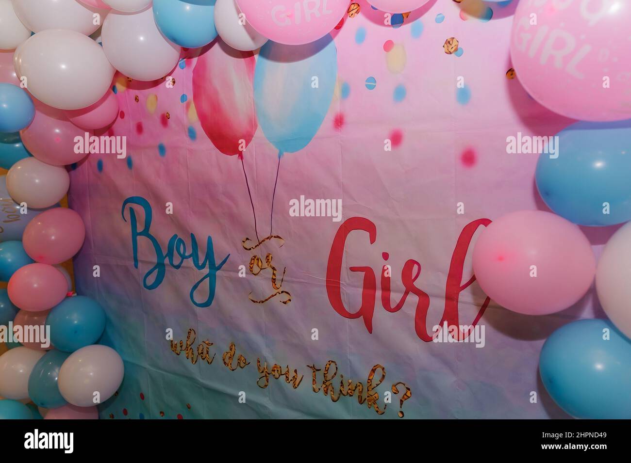 Wedding arch made of colorful inflatable balloons. Celebration of a ...