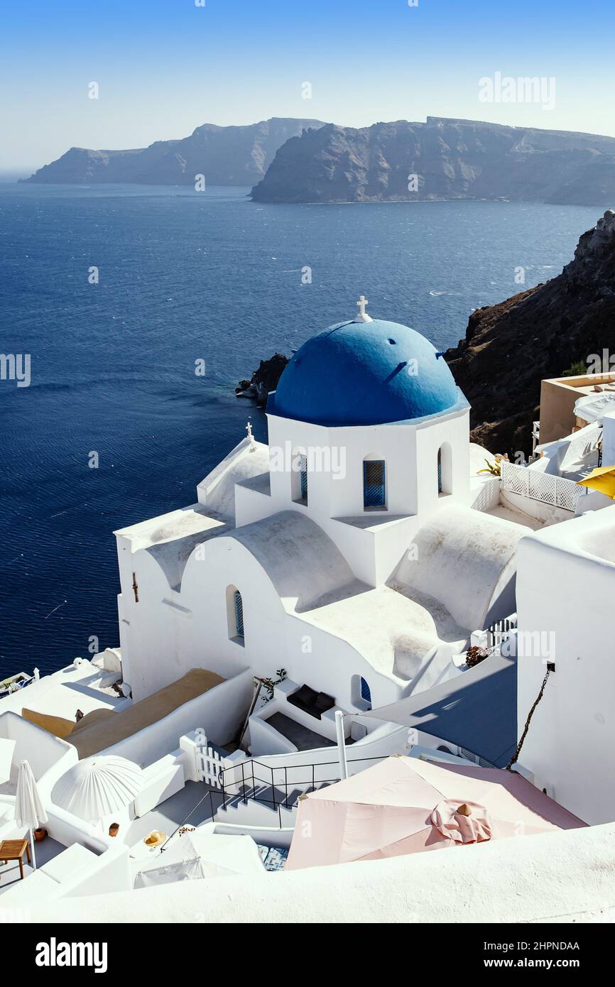 The blue dome of Greek orthodox church on Santorini island Stock Photo ...