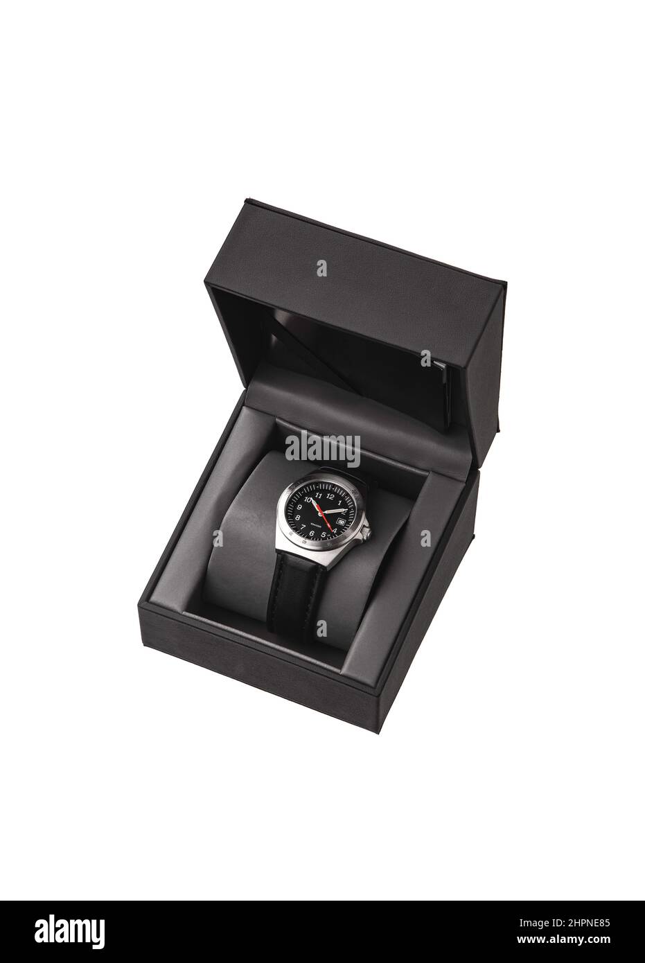 Men's wrist watch. Elegant silver watch with a leather strap. Isolate ...