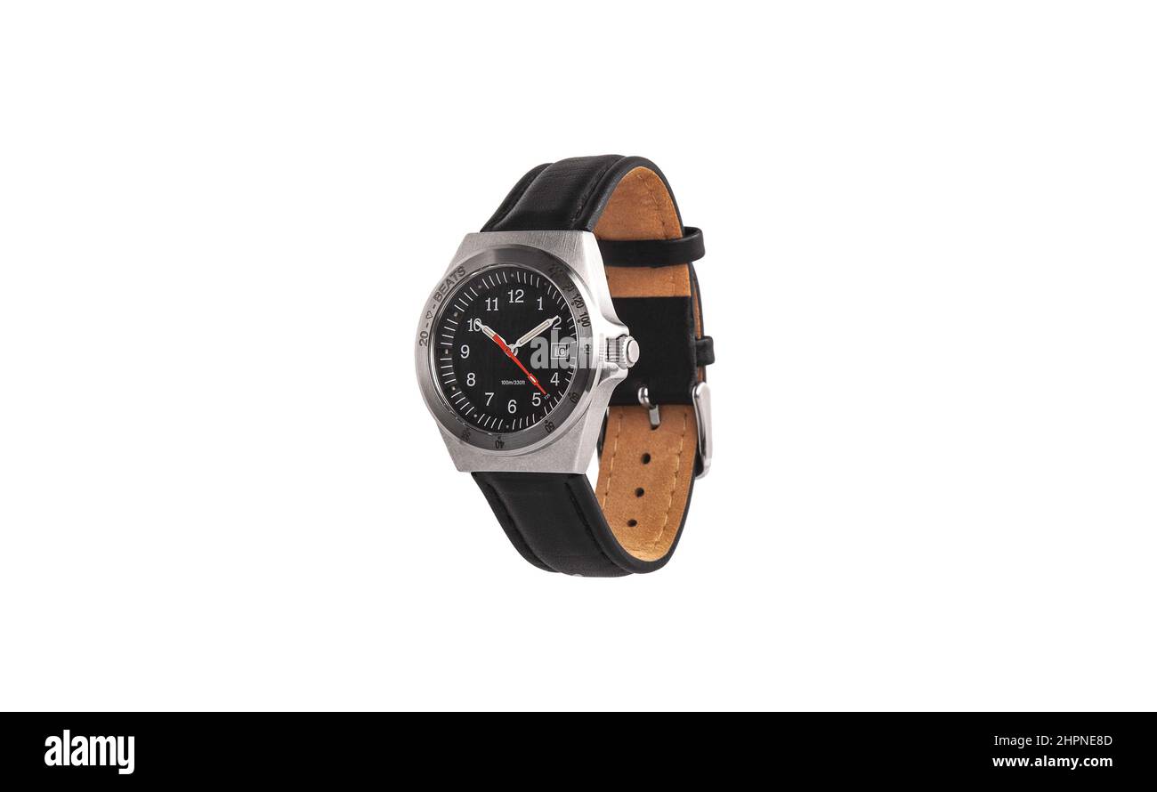 Men's wrist watch. Elegant silver watch with a leather strap. Isolate ...
