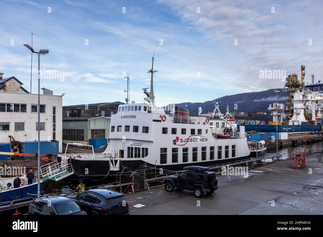 The old BMV shipyard at Laksevaag, near port of Bergen, Norway. Old car ...