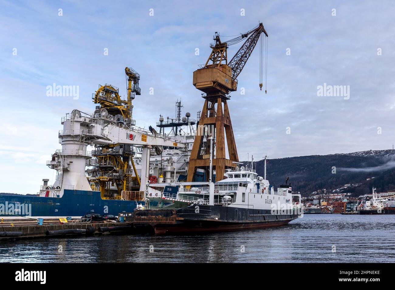 The old BMV shipyard at Laksevaag, near port of Bergen, Norway. Old car ...