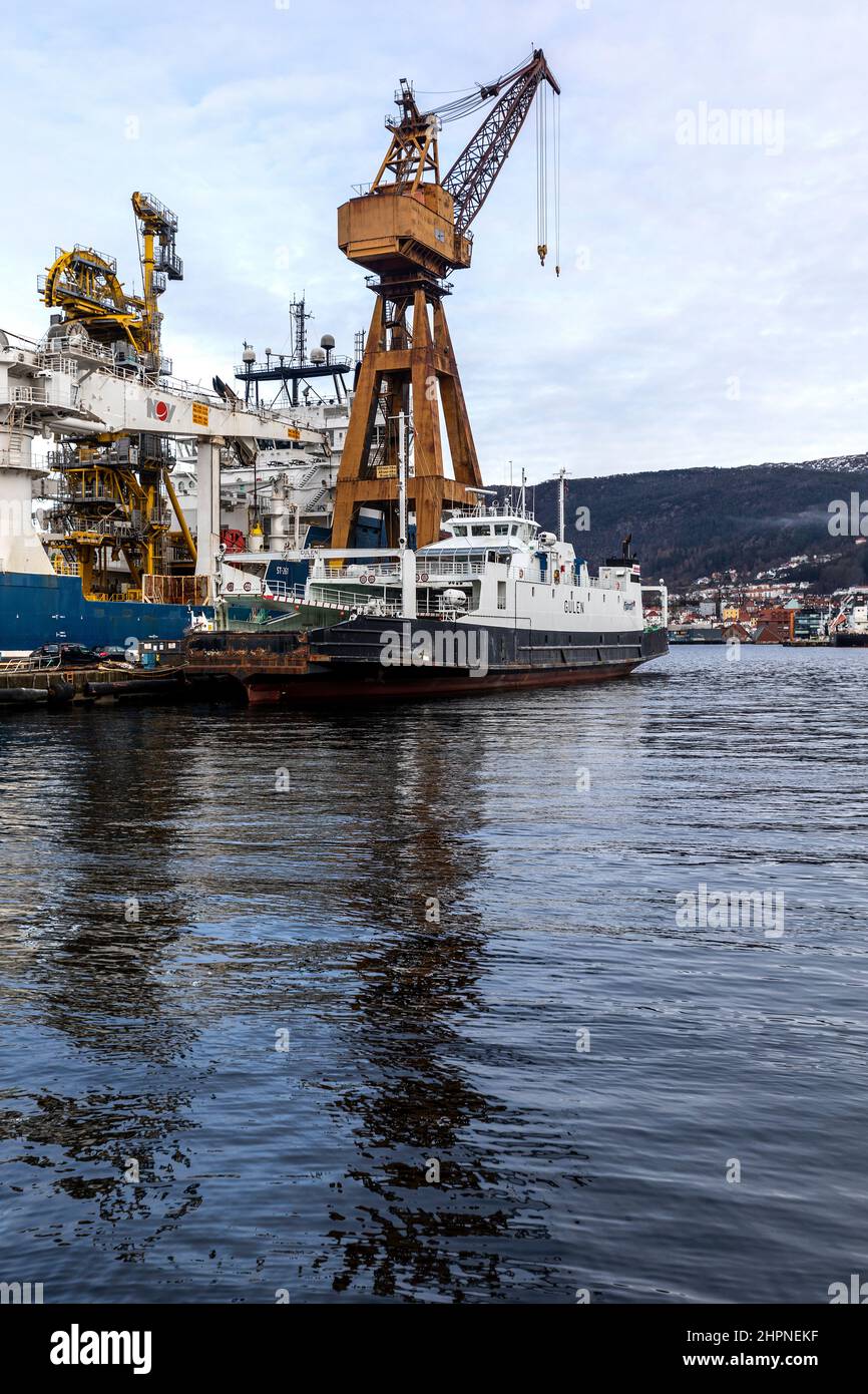 The old BMV shipyard at Laksevaag, near port of Bergen, Norway. Old car ...