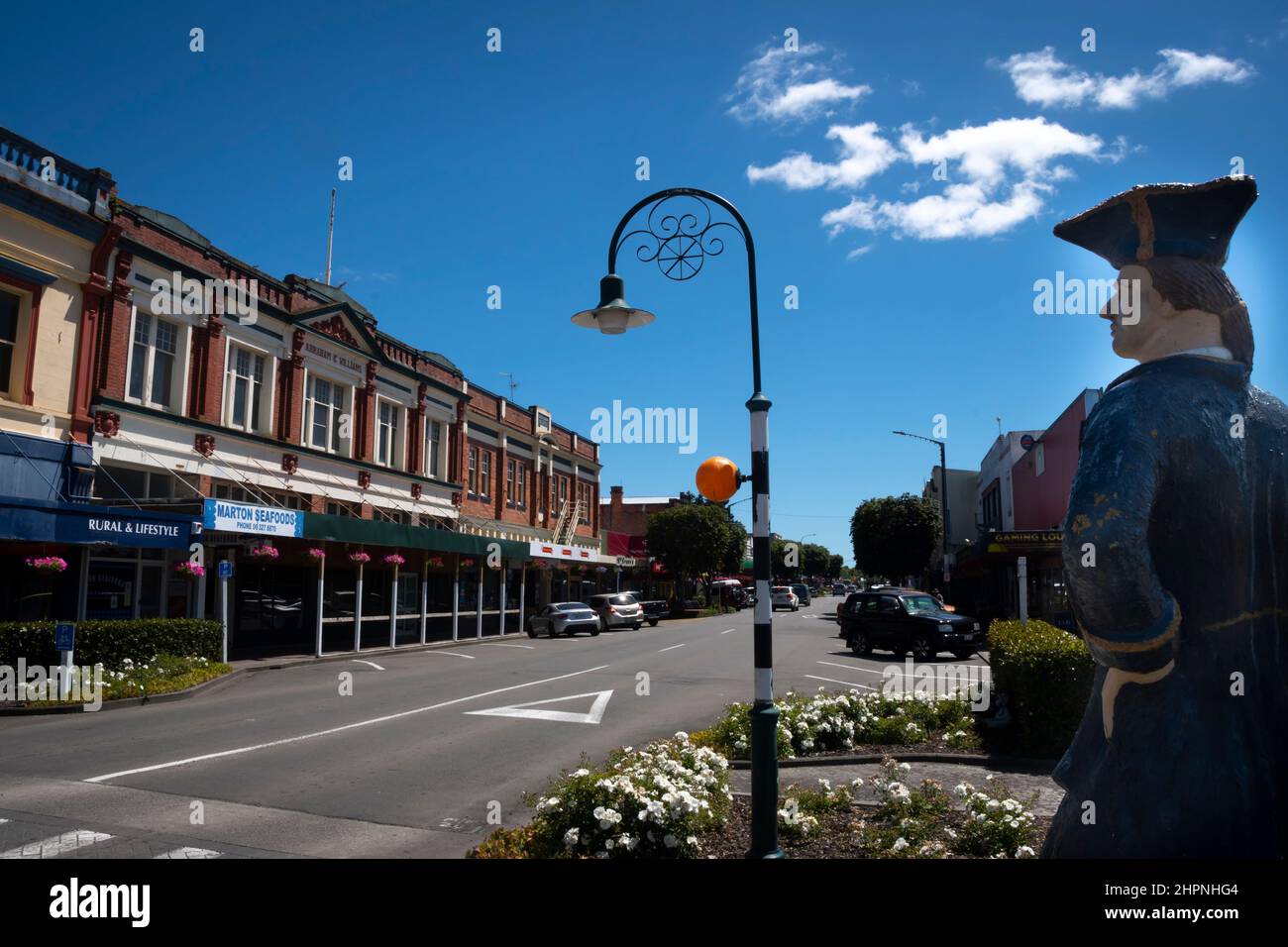 Shops and statue of Captain Cook on Wellington Road, Marton, Rangitikei ...