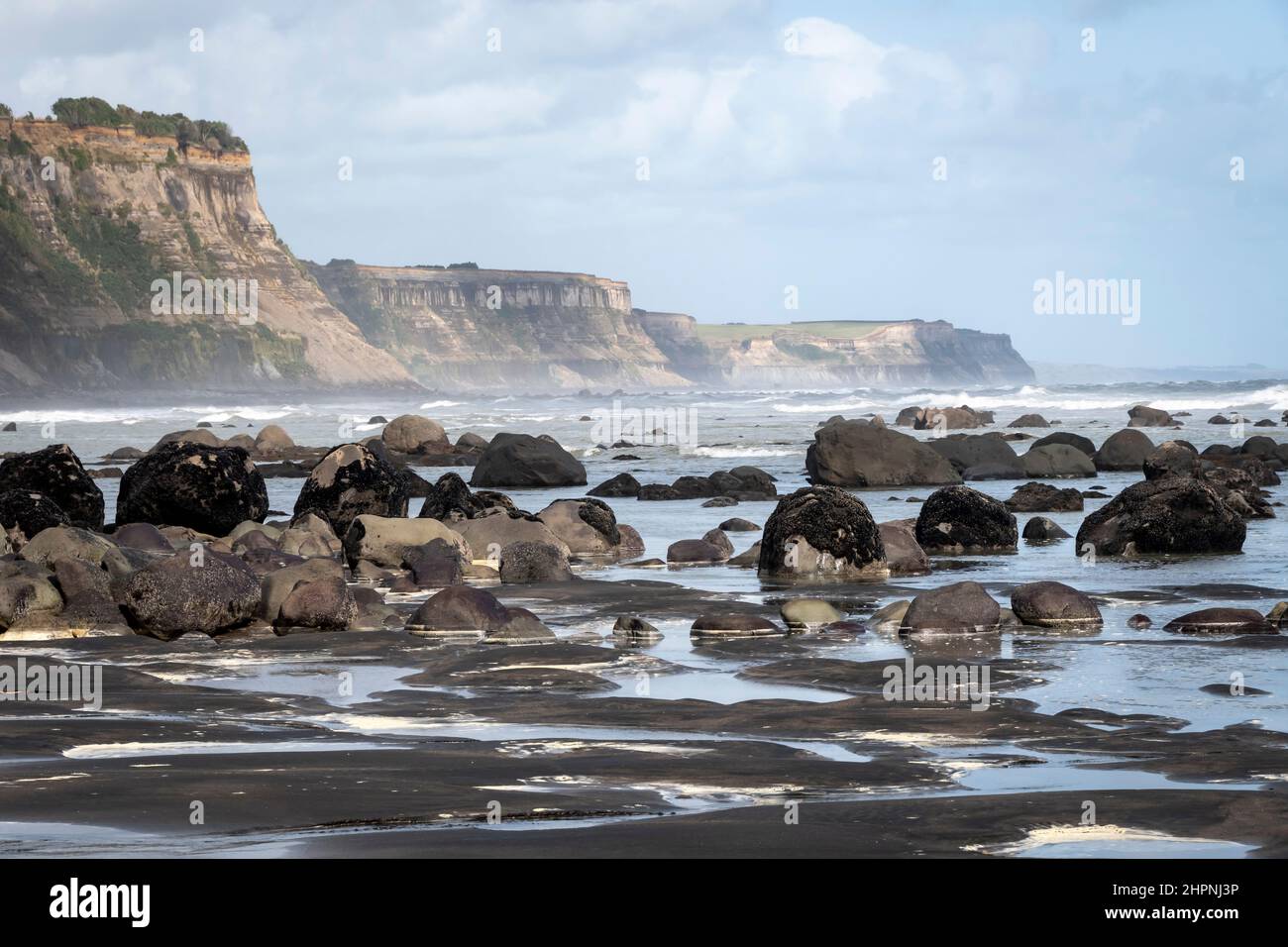 Beach, rocks and cliffs, Ohawe Beach, South Taranaki, North Island, New ...