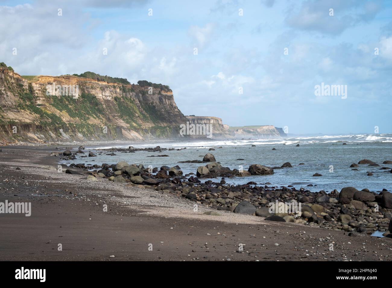 Beach, rocks and cliffs, Ohawe Beach, South Taranaki, North Island, New ...
