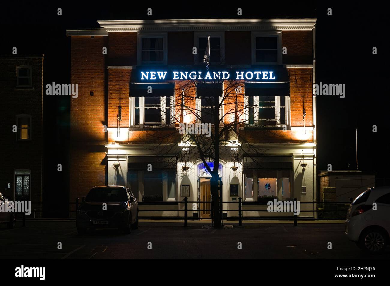 The New England Hotel illuminated at night on Wide Bargate Stock Photo ...